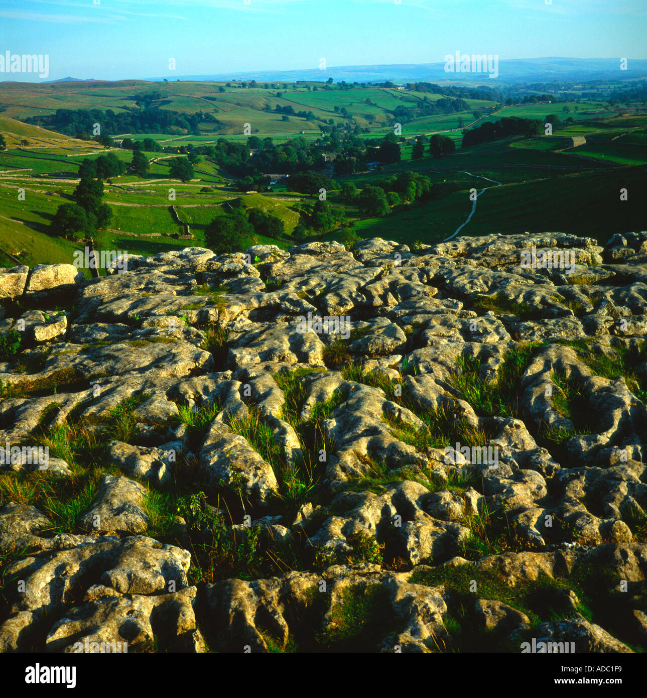 Limestone pavement above Malham Cove Yorkshire dales national park ...