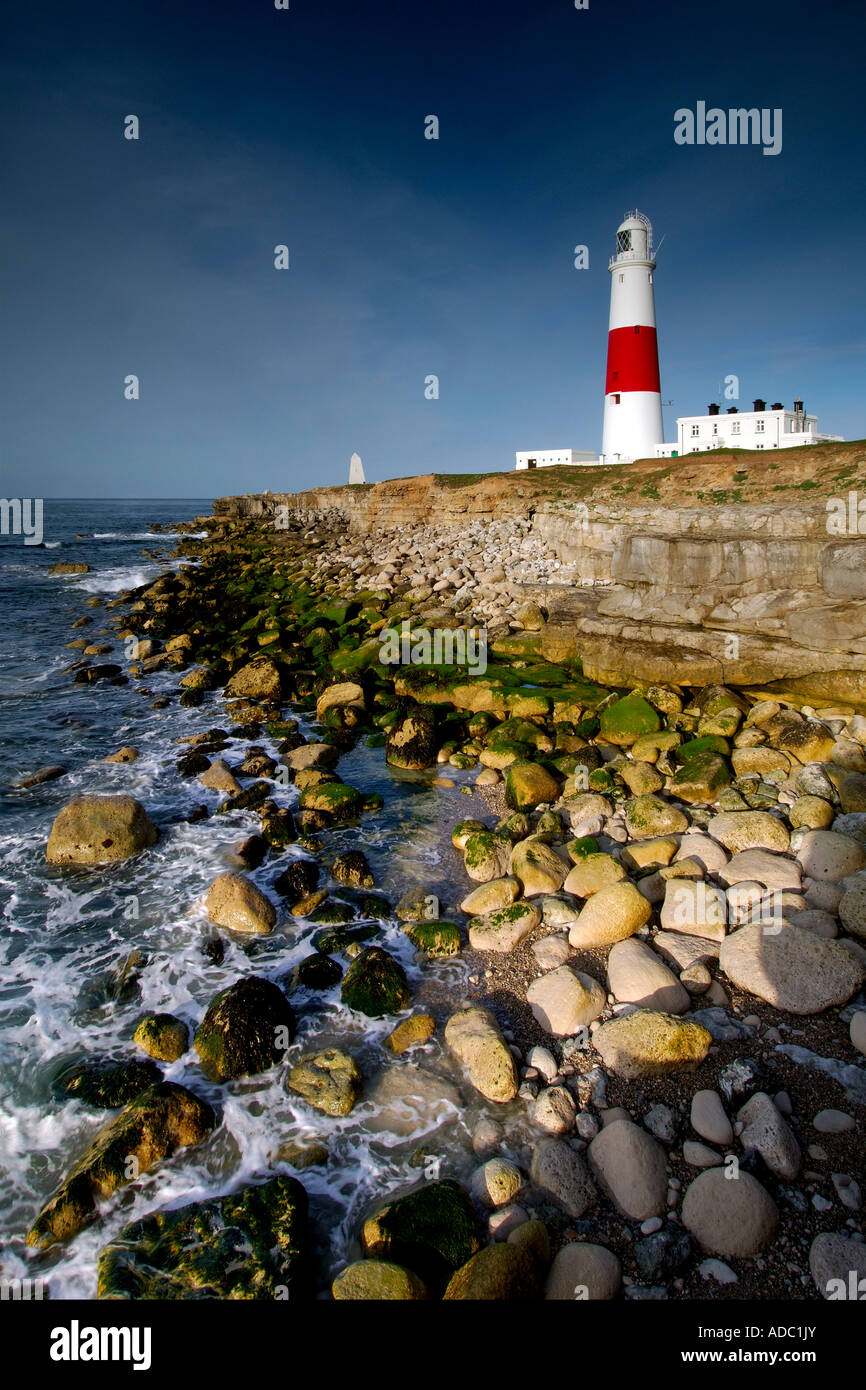 Portland Bill lighthouse taken from the clifftop above the treacherous ...
