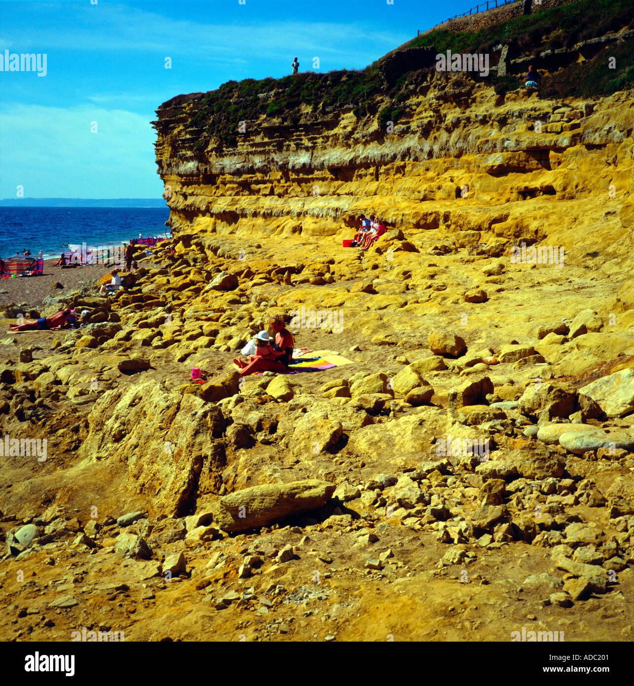 Bridport sandstone golden cliffs at Burton Bradstock Dorset England ...
