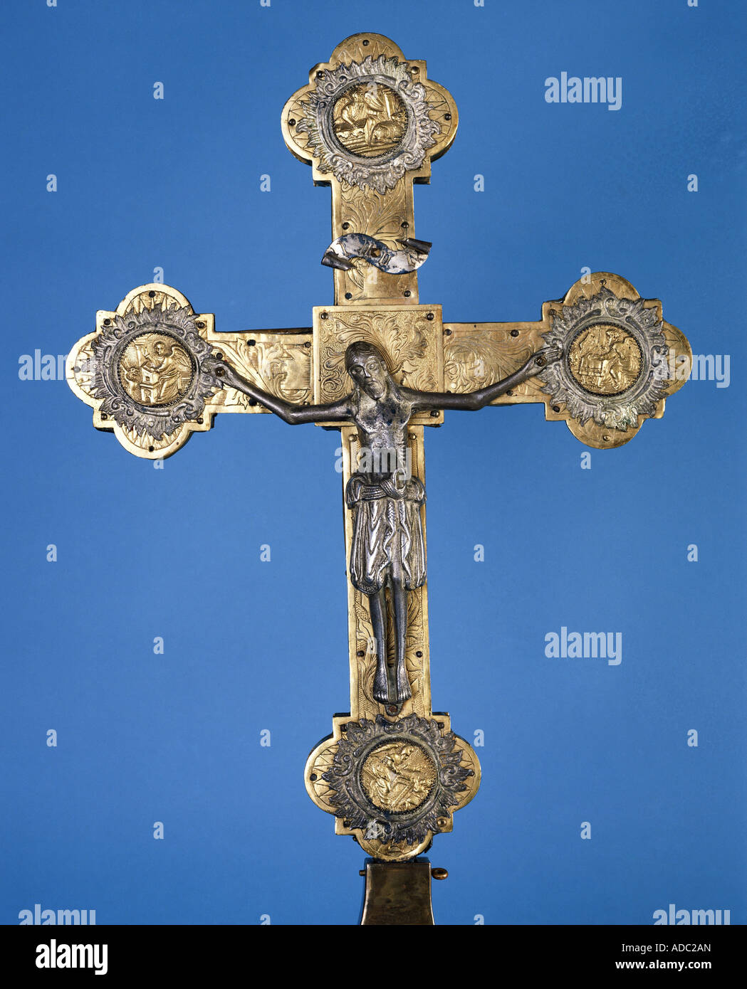 fine arts, liturgical objects, procession cross with crucified Jesus, 13th century, brass and ...