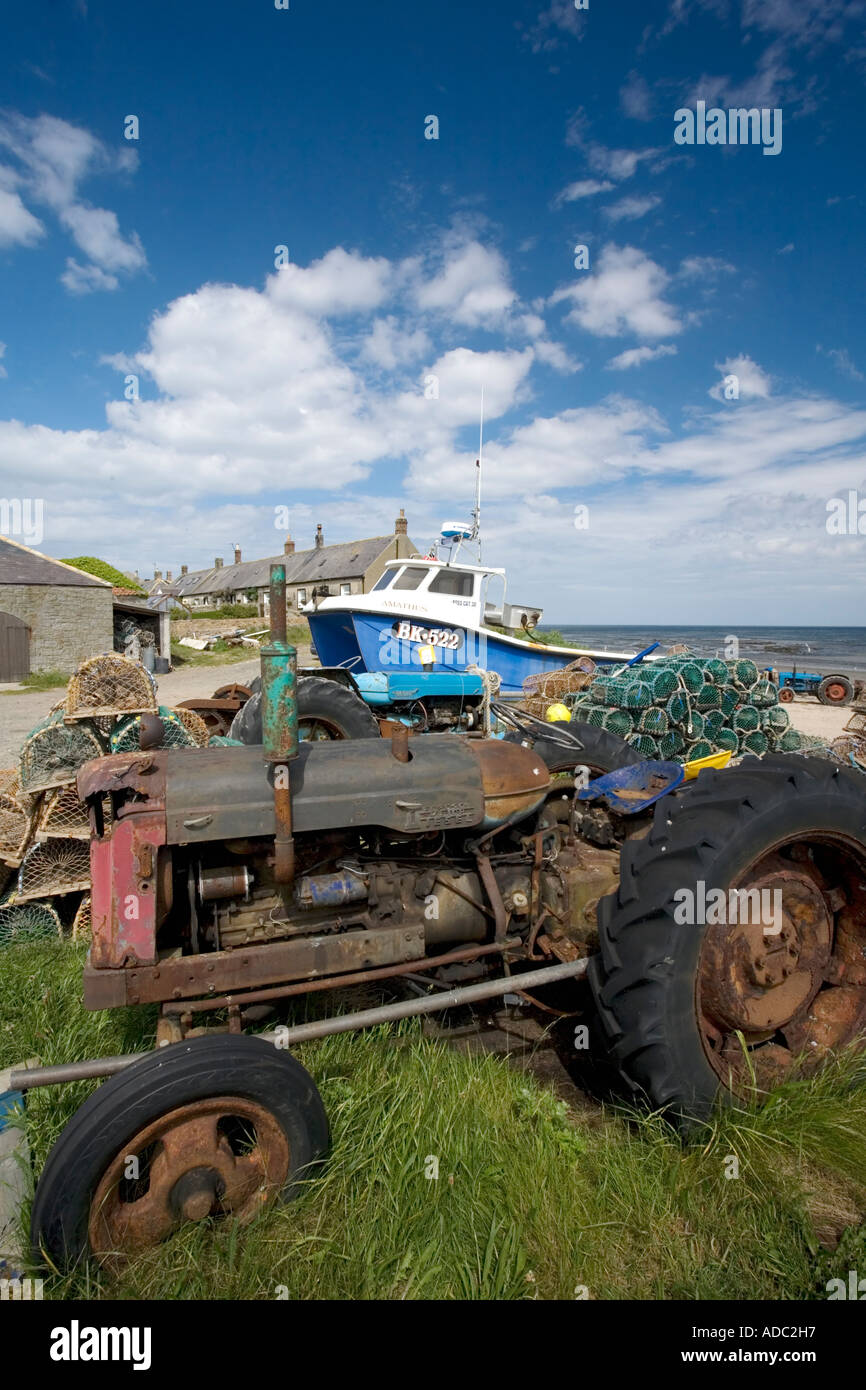 Tractor and Crab fishing boat Boulmer Northumberland Stock Photo - Alamy