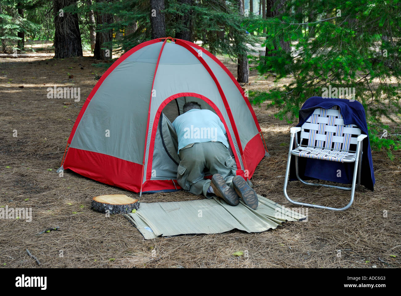 "Man in tent, state forest campground Stock Photo - Alamy