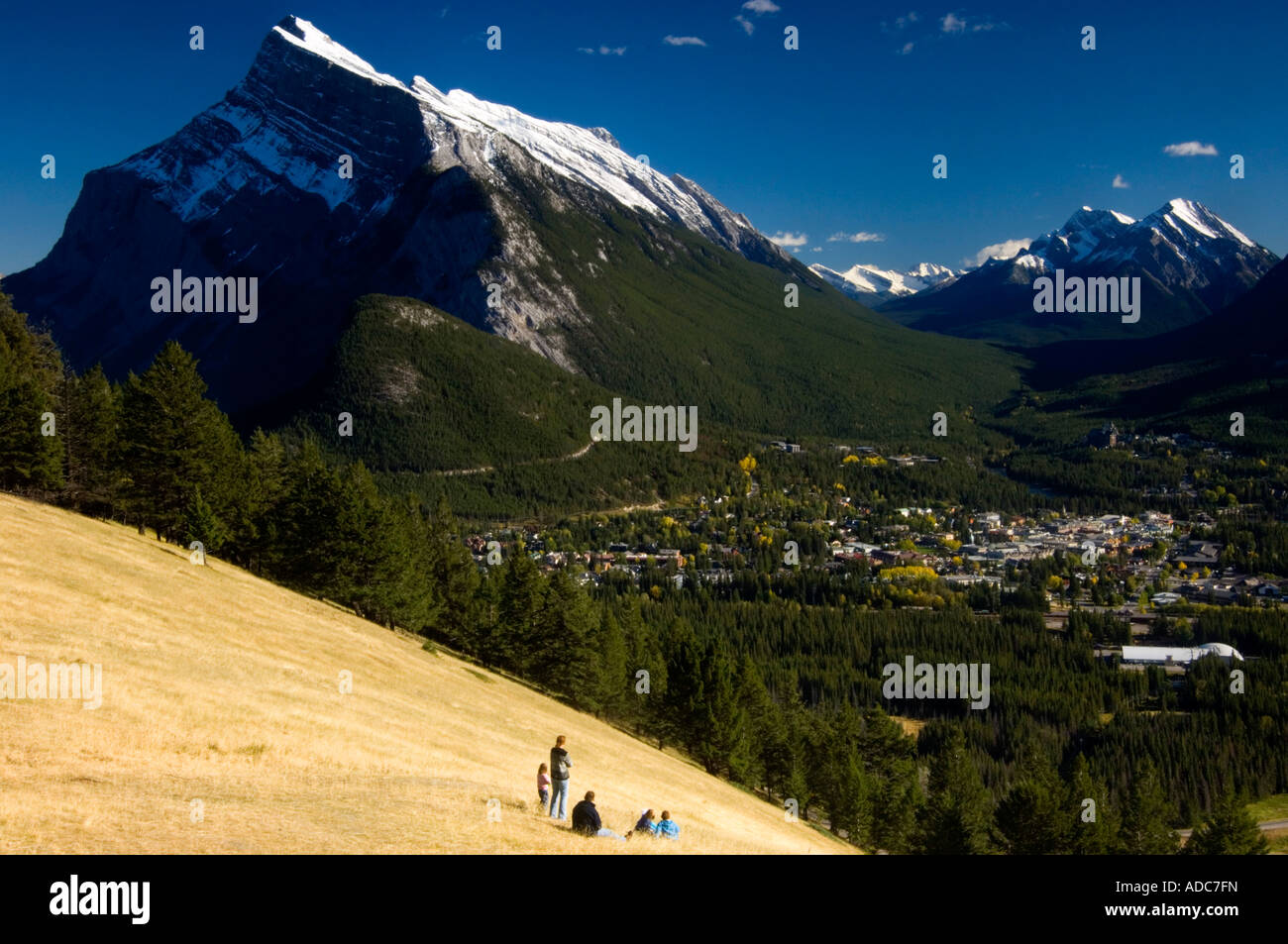 Visitors in meadow overlooking Banff townsite from Mt Norquay Banff ...