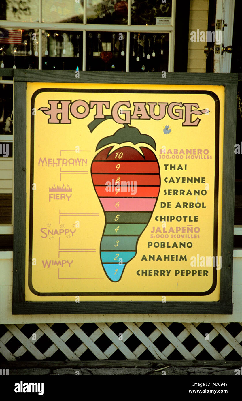 Old Town Spring Texas USA Chilli Pepper Heat Gauge Sign Stock Photo - Alamy