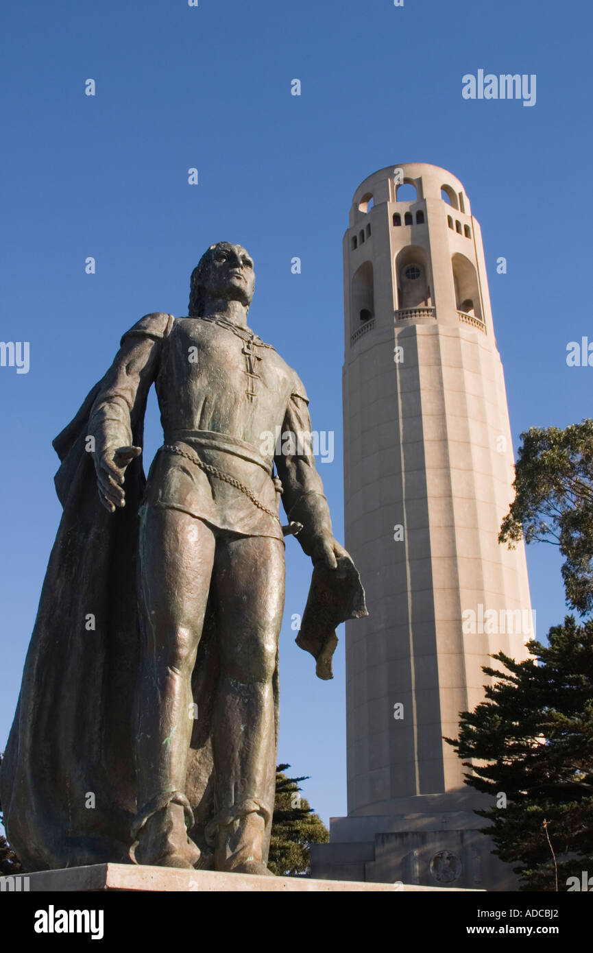 Statue of Christopher Columbus and Coit Tower on Telegraph Hill San ...