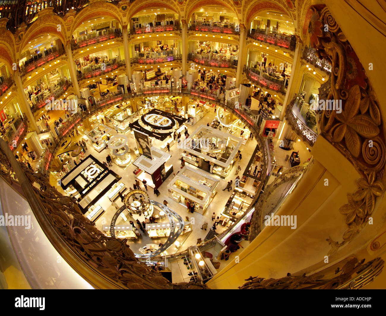 Galeries Lafayette department store in Paris, France. fisheye view of ...