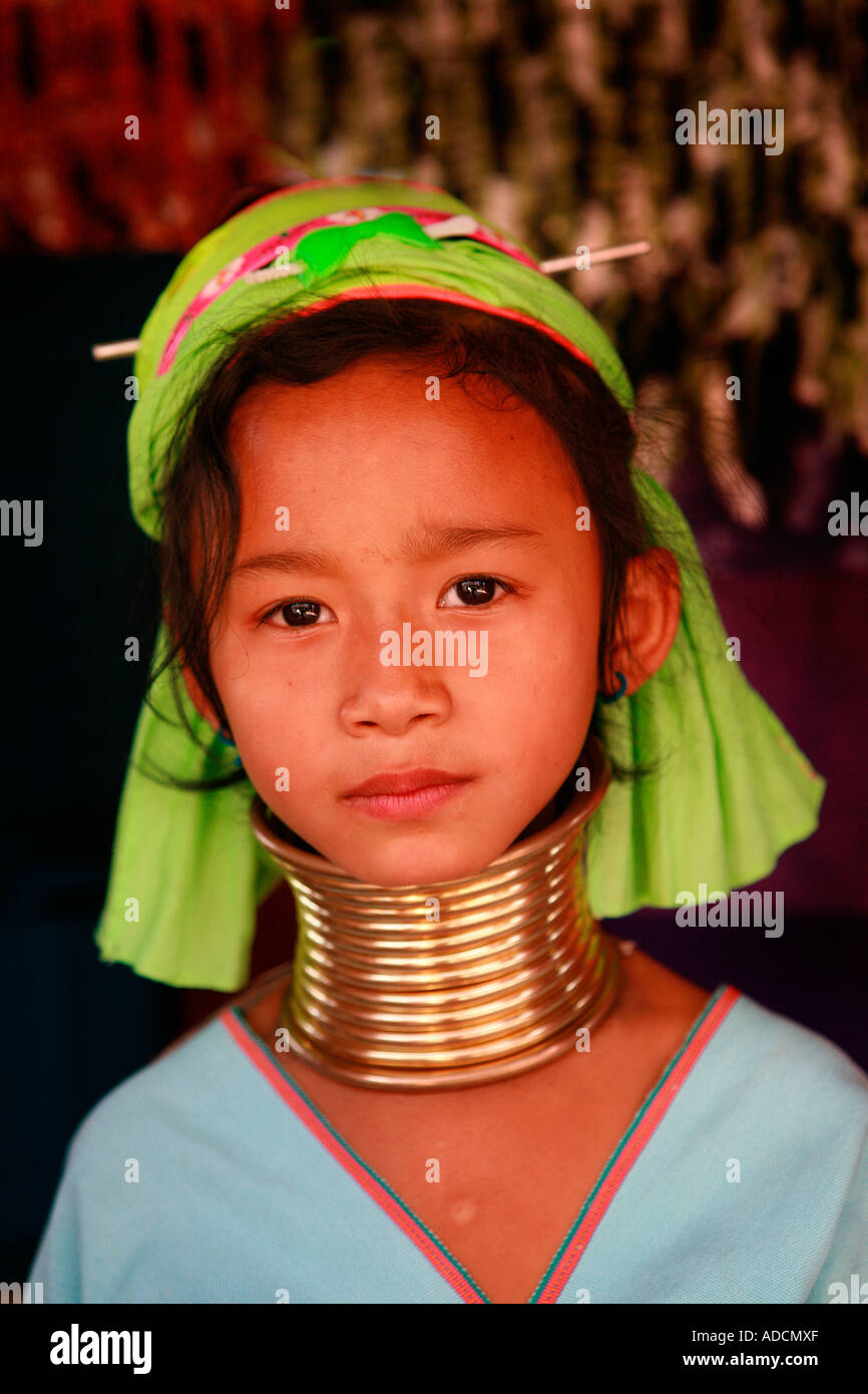 Portrait of a young Padaung girl at a village in Chiang Rai, Thailand ...