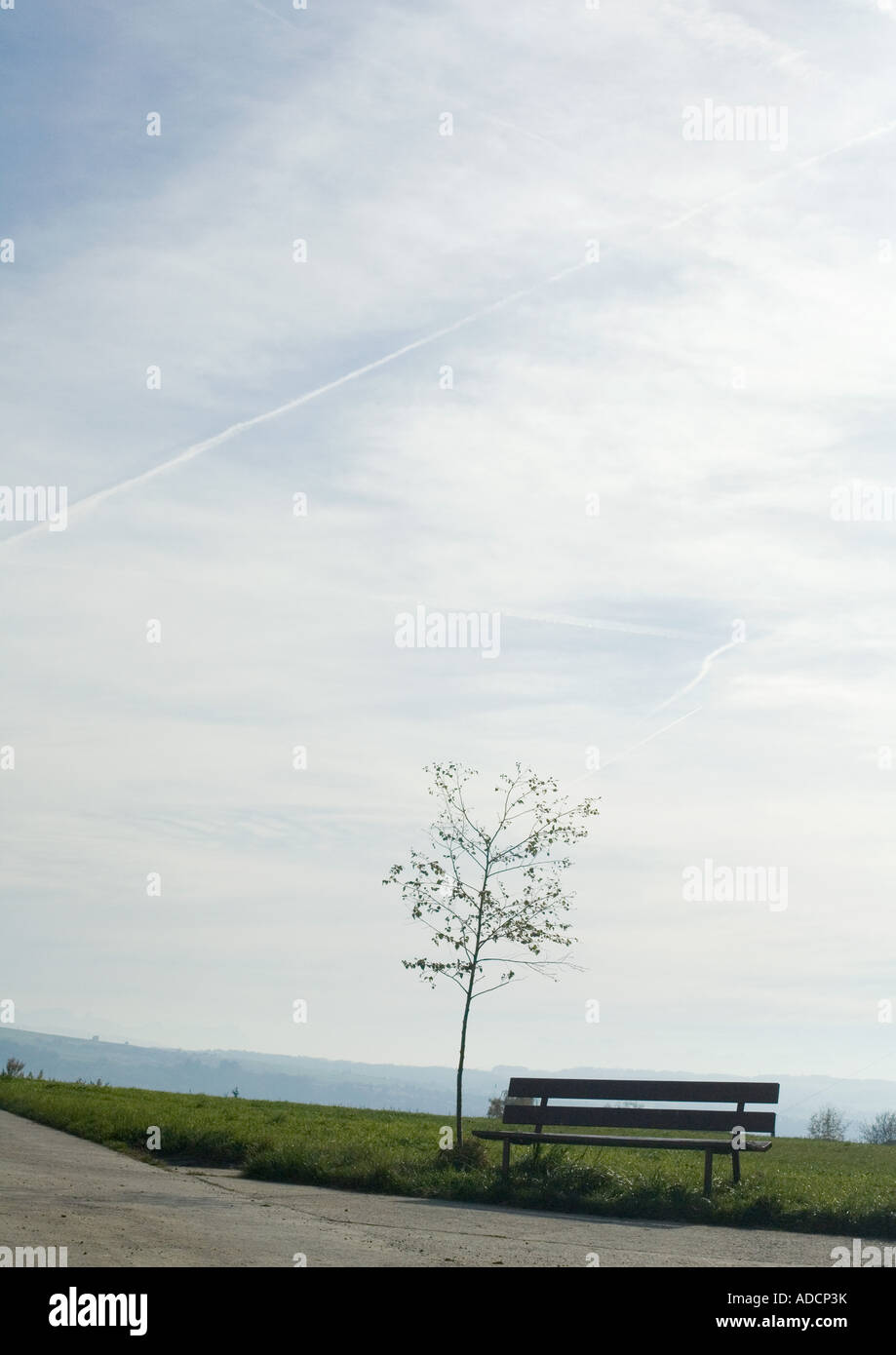 Bench by side of road in rural landscape Stock Photo - Alamy
