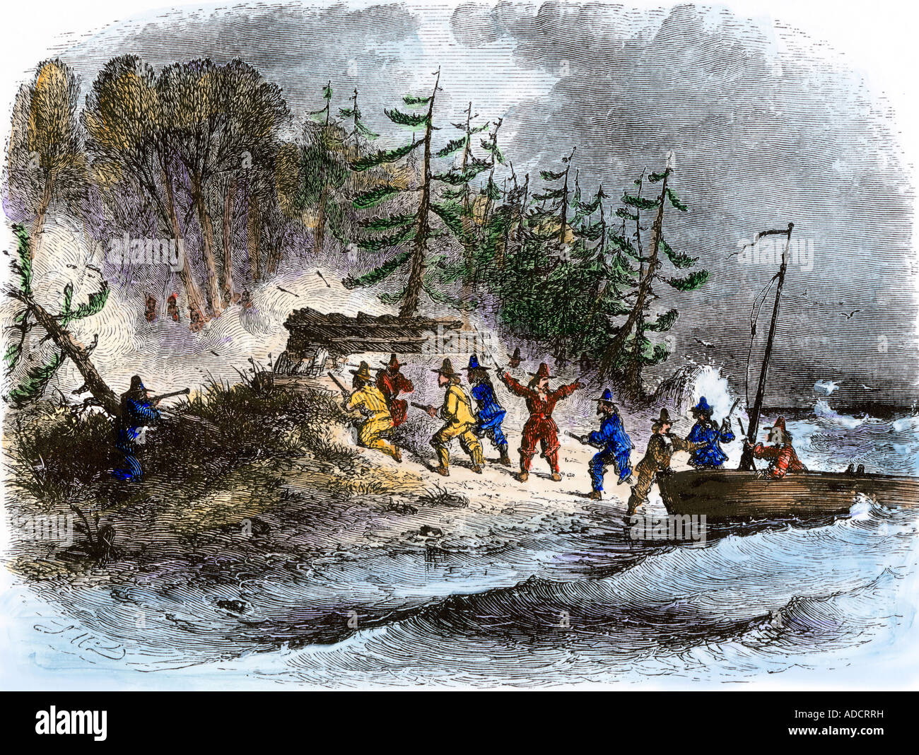 Pilgrims first encounter Native Americans on Cape Cod. Hand-colored ...