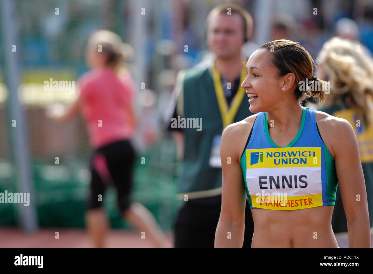 Ennis smiles after winning her race at the World Trials Sportcity ...