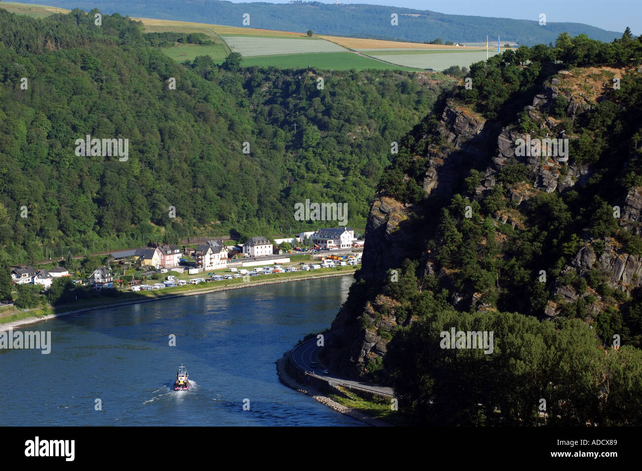 Boat passing Loreley Rock, Rhine river Stock Photo - Alamy