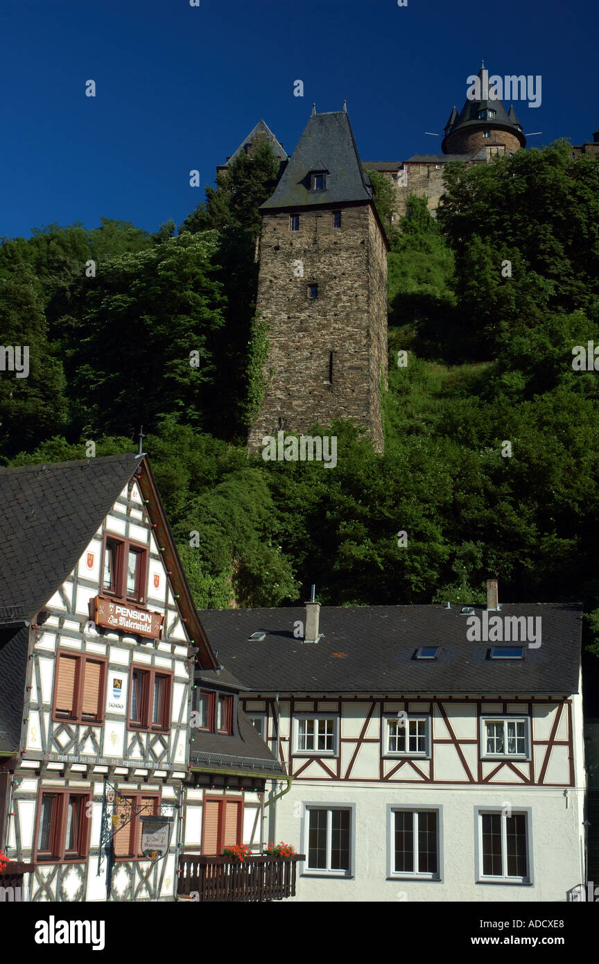 Half-timbered houses at foot of castle, Bacharach, Germany Stock Photo ...