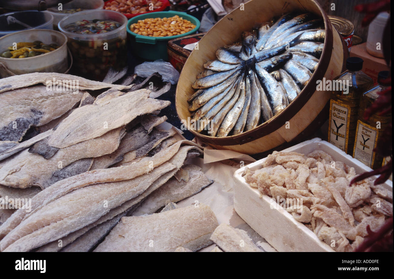 market stall with smoked fish sardines various kind of fishes Spain ...