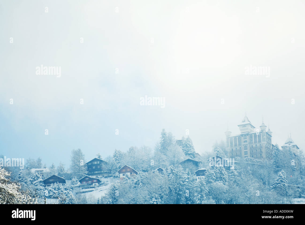Switzerland, Vaud canton, Lavaux region, snowy mountain landscape with ...