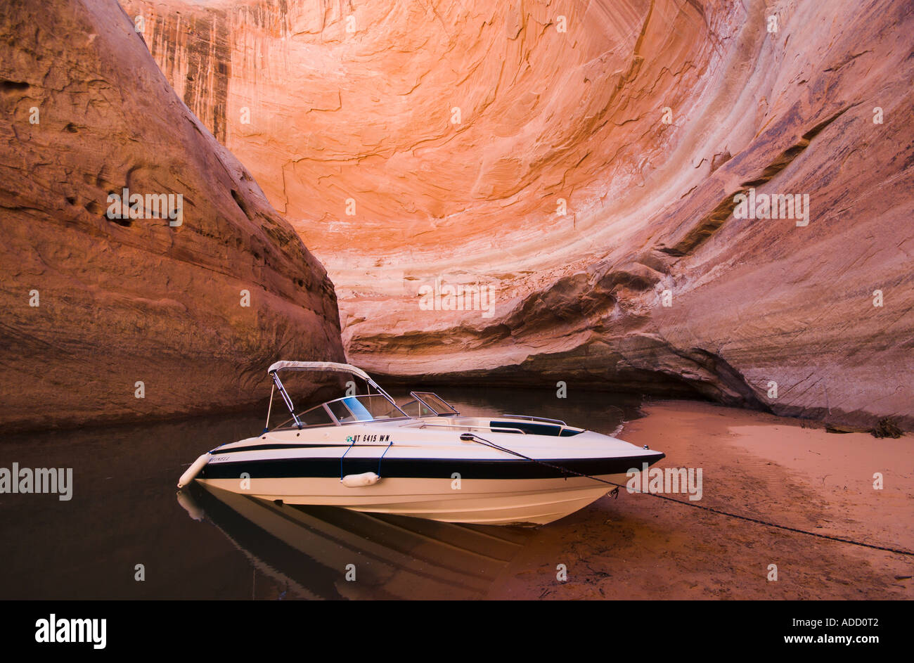 A speedboat adds more graceful curves to the scene at Lake Powell A ...