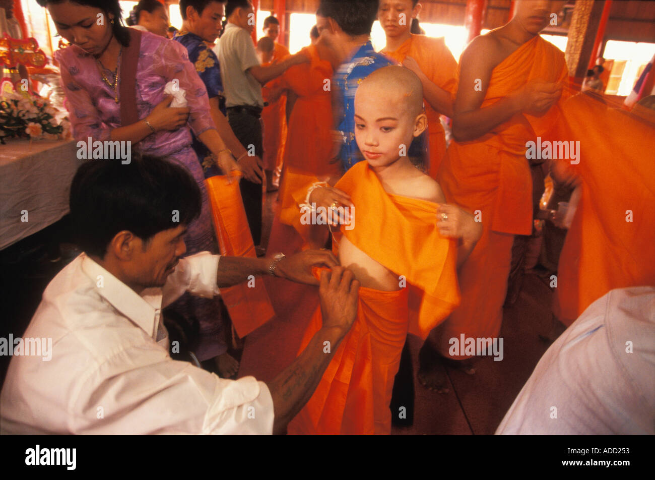 Helping boys put on their orange robes at Poy Sang Long the ordination ...