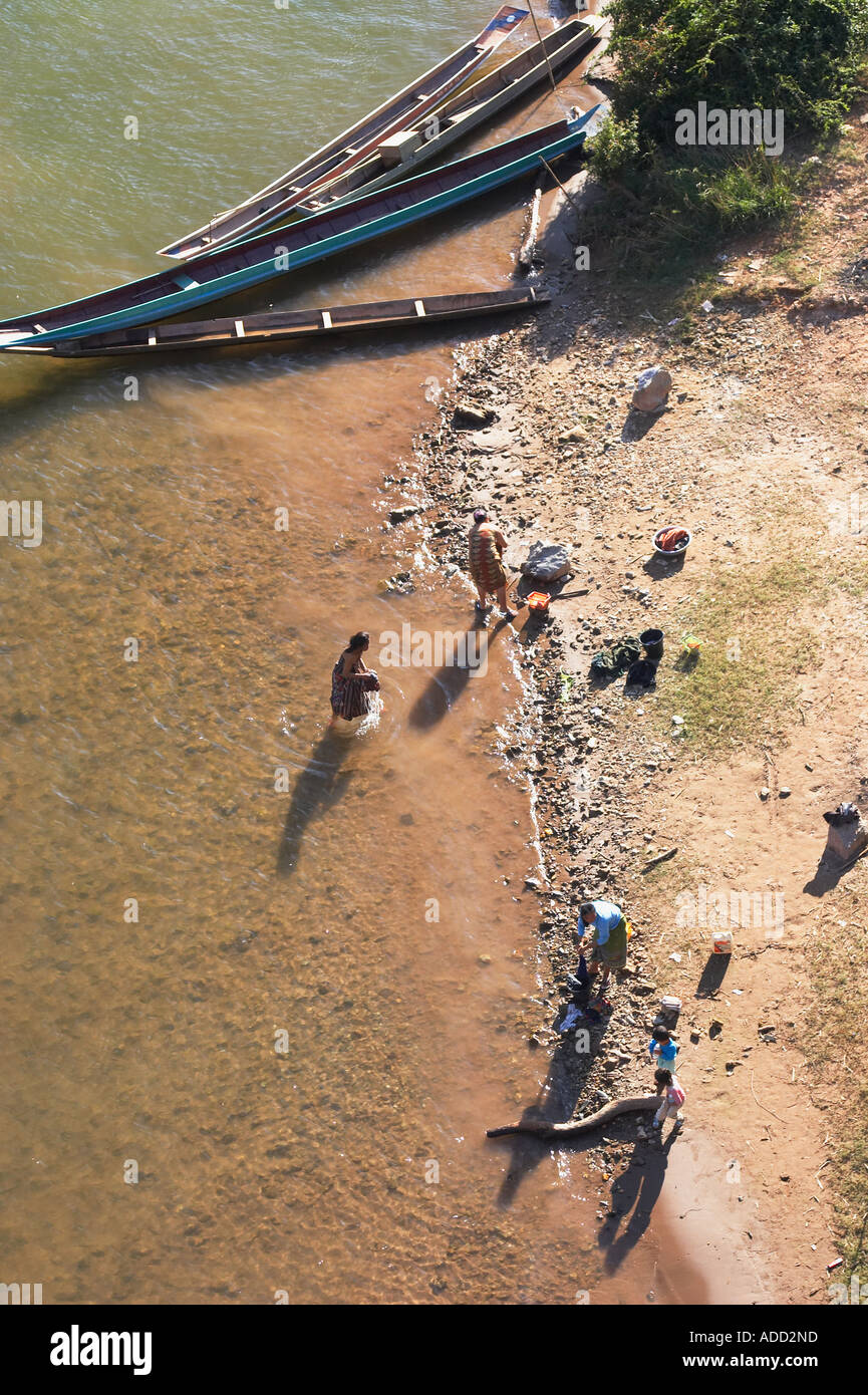 Bird's Eye View Of Women Washing Clothes In Nam Ou River Stock Photo ...
