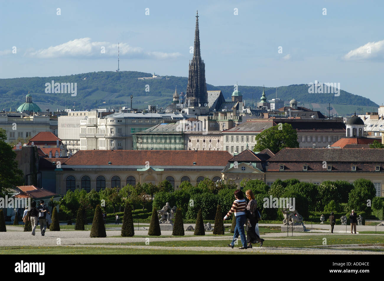 Belvedere garden in Vienna, Inner City in the background, St. Stephens ...