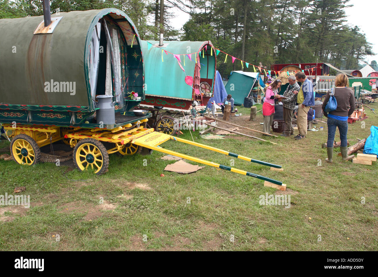 Horse drawn travellers caravans at The Big Green Gathering, Somerset is ...