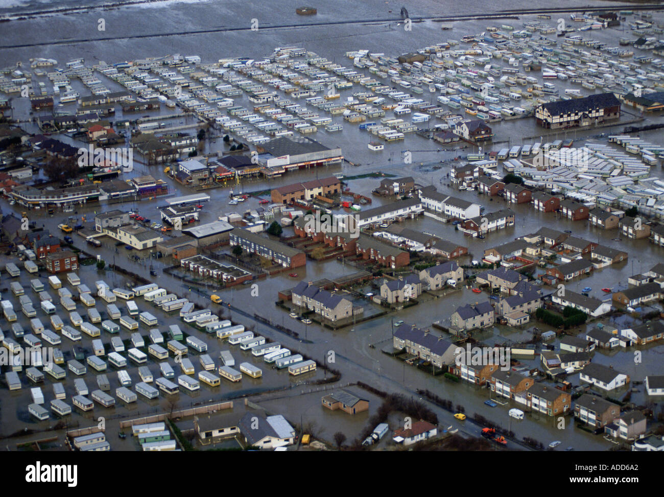 Houses and caravans in flooded town of Towyn in North Wales Stock Photo ...
