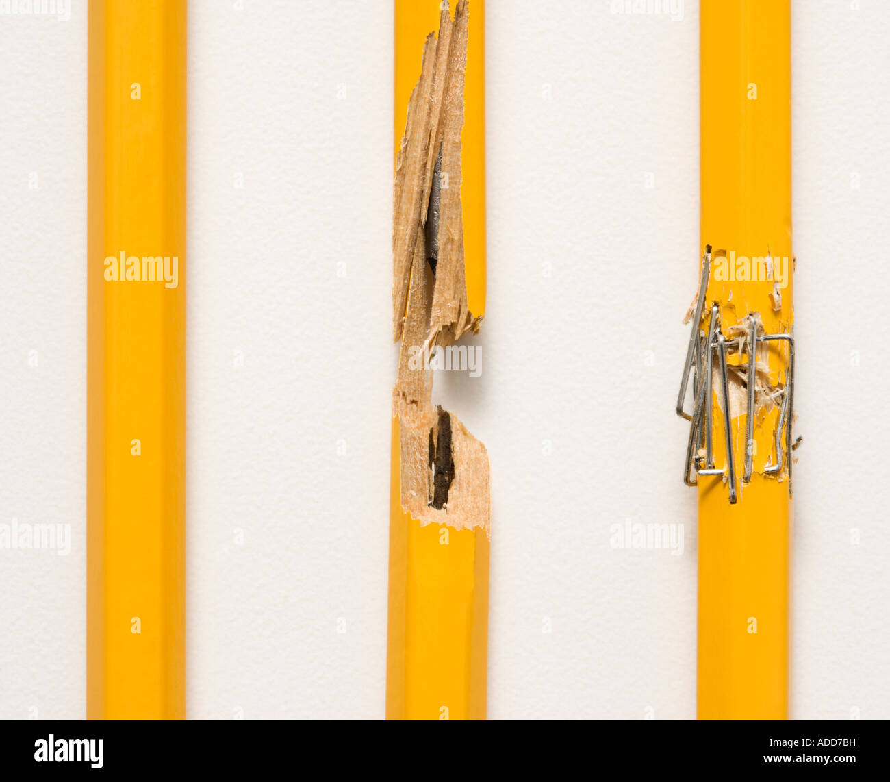 Whole pencil broken pencil and stapled together pencil lined up against ...