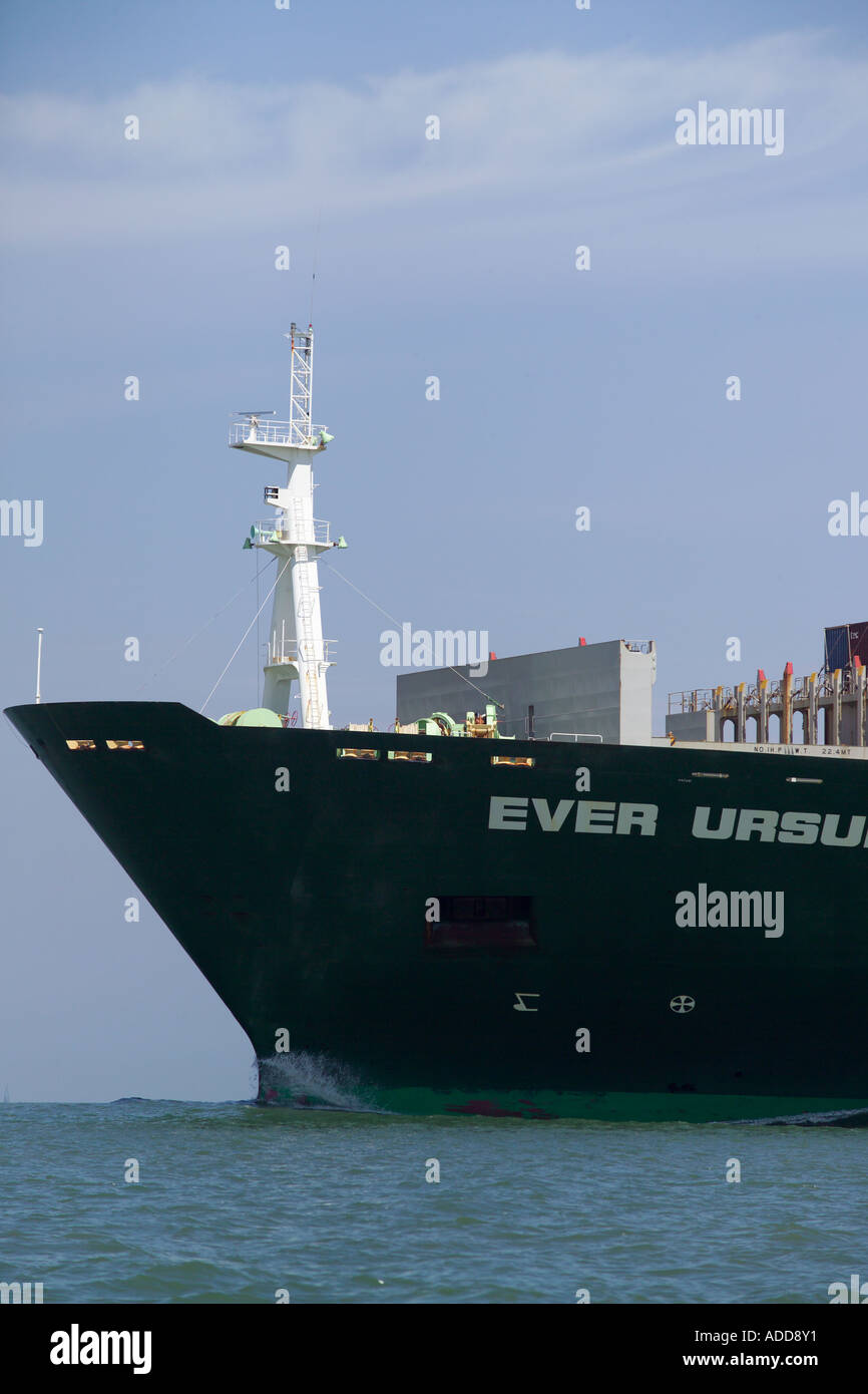 bow of the container ship Ever Ursula in the thames estuary showing bow ...