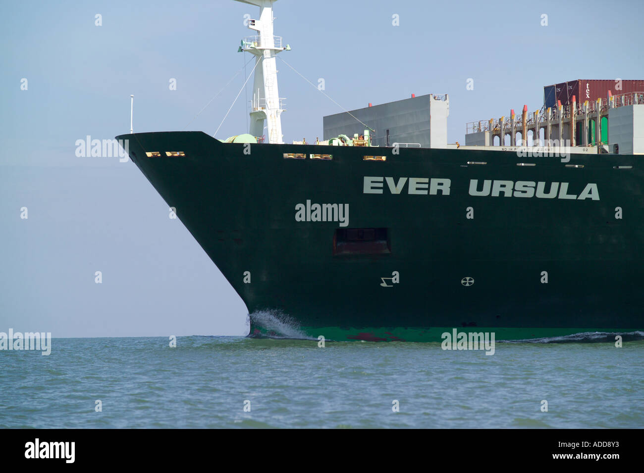 bow of the container ship Ever Ursula in the thames estuary showing bow ...