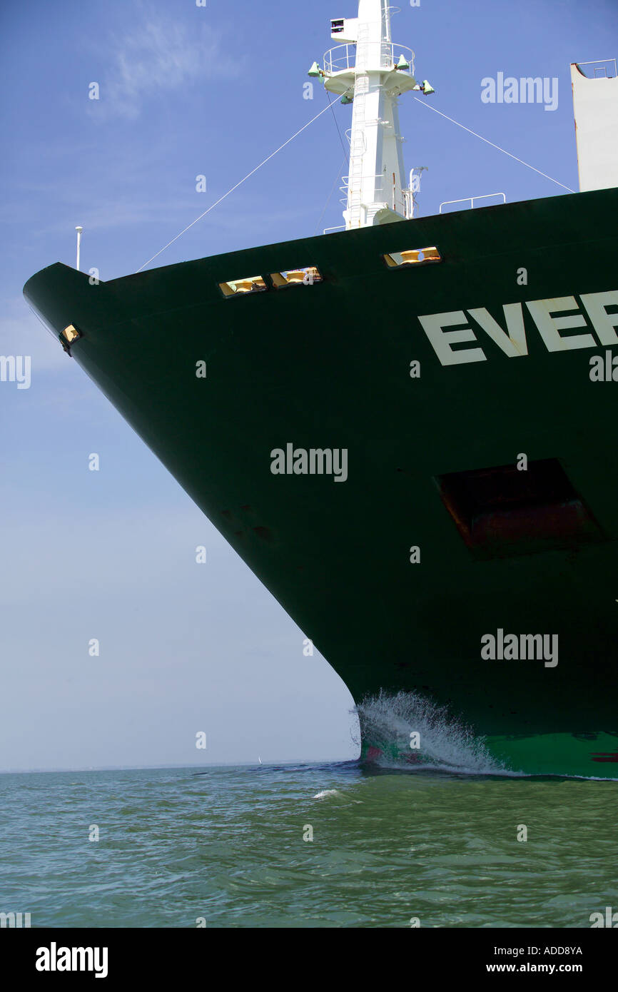 bow of the container ship Ever Ursula in the thames estuary showing bow ...