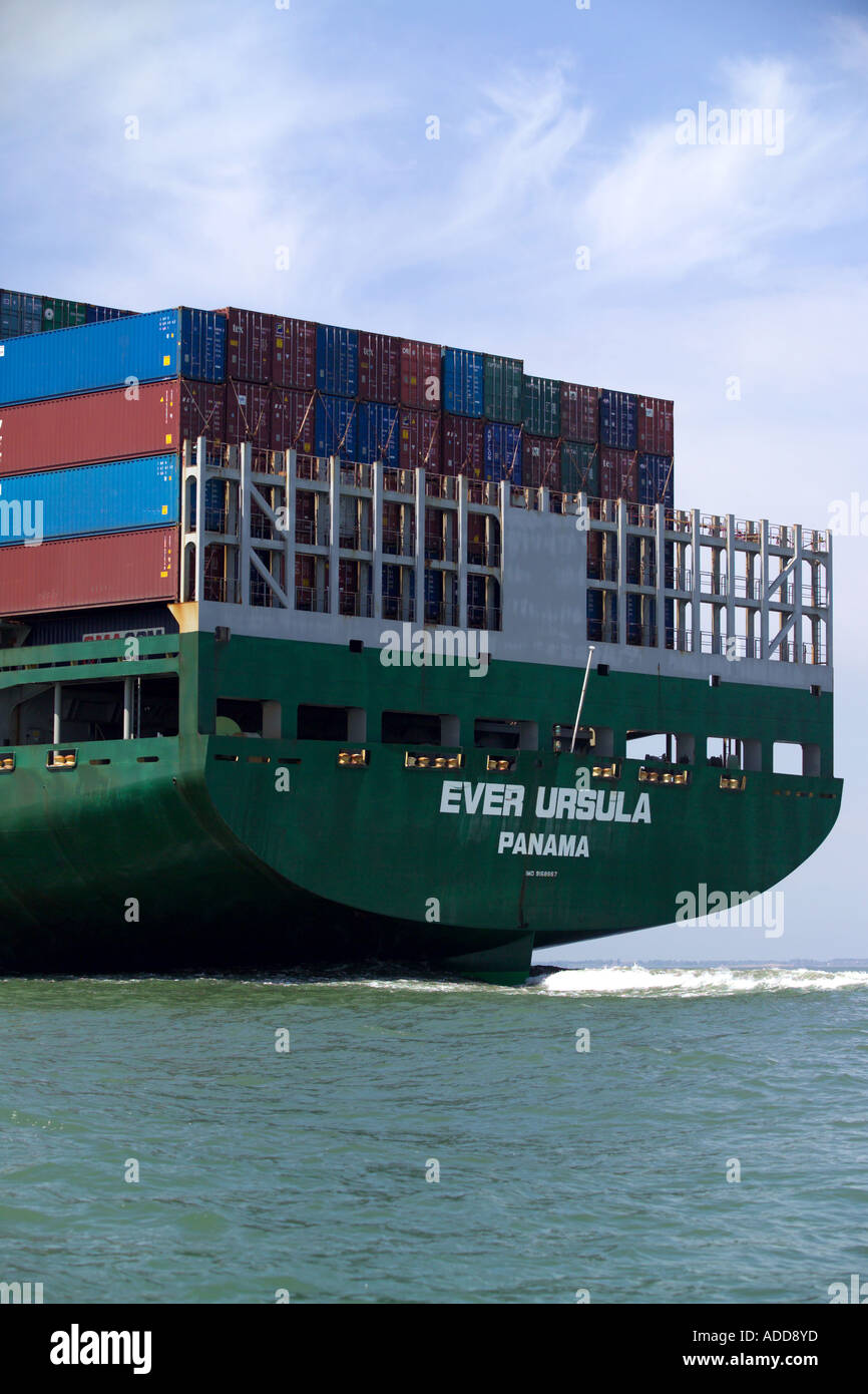 stern view of the container ship Ever Ursula in the thames estuary ...