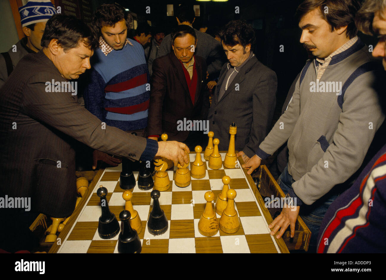 Miners playing chess before their shift at the Sots Donbas mine ...