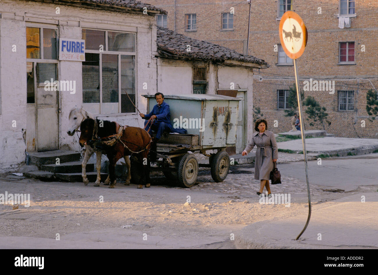 woman walks past a man driving wagon pulled by two ponies, Tirana Stock ...