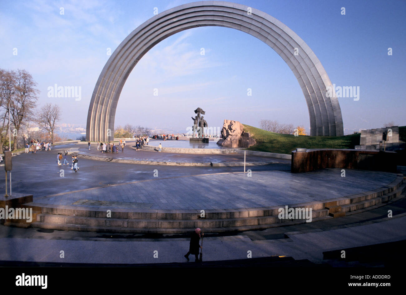 A group of students stand beside the Statue of Friendship in Kiev, Oct ...