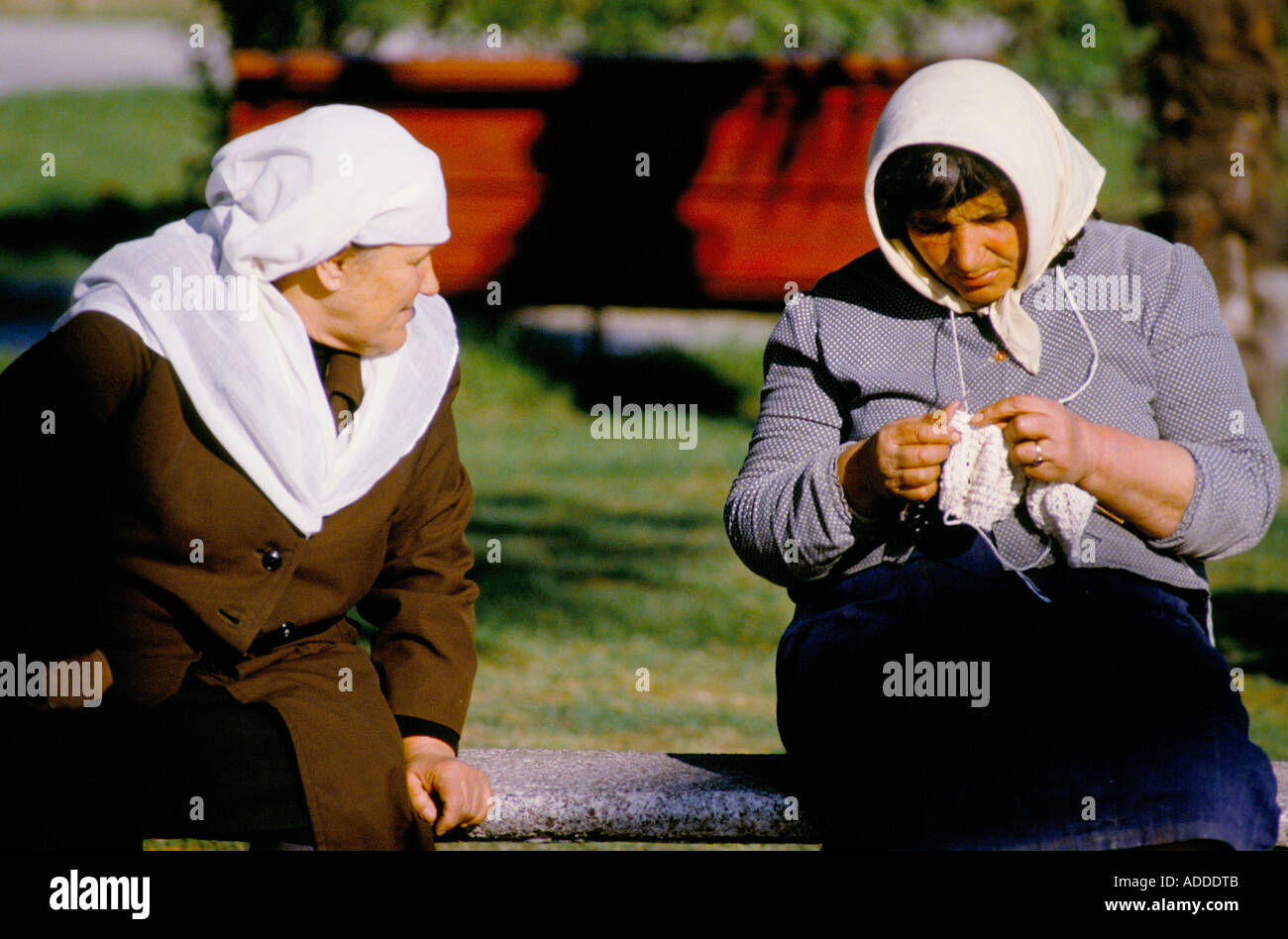SHKODER WOMEN SITTING ON PUBLIC BENCH, TALKING & KNITTING, 1990 Stock ...