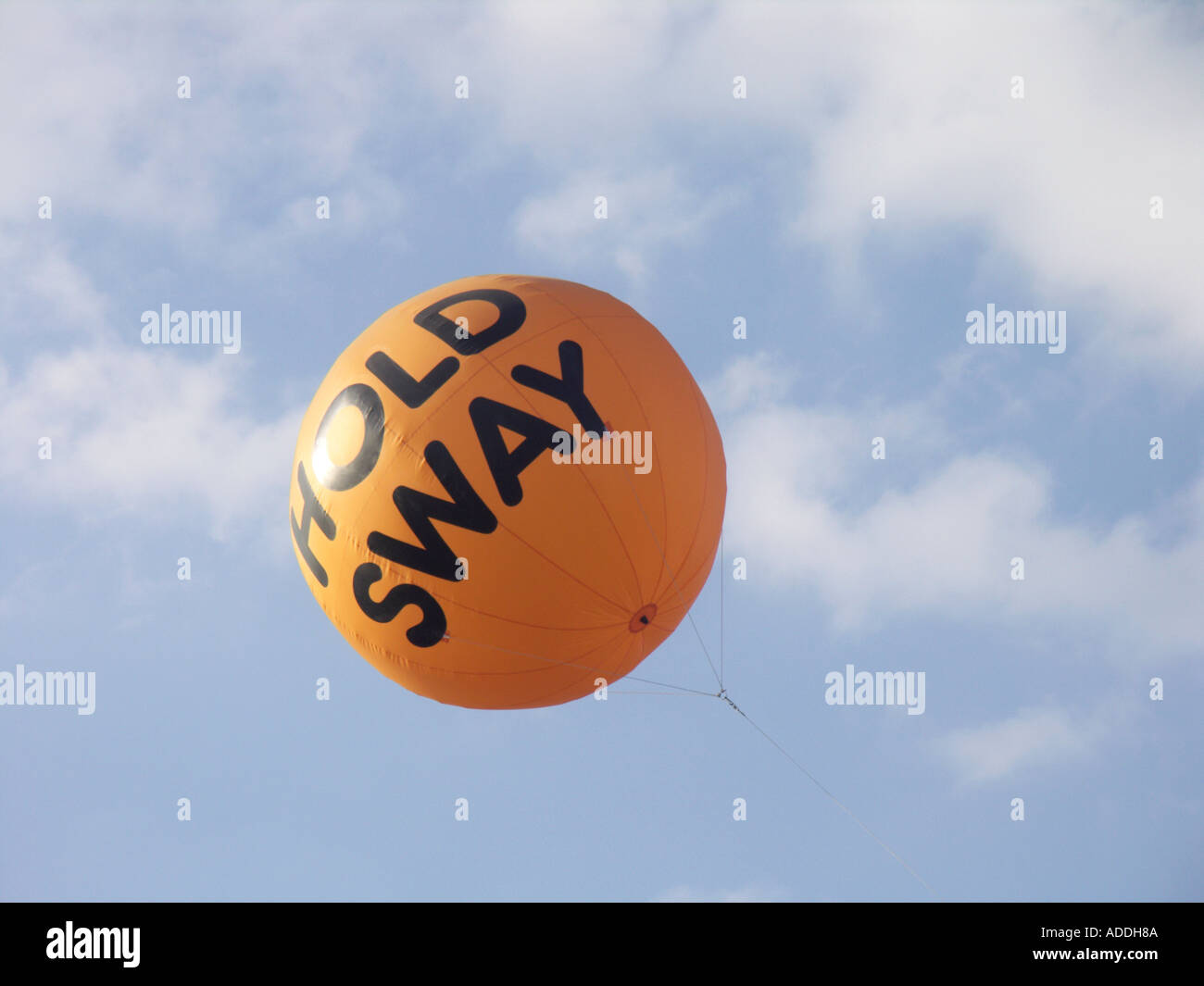 Yellow balloon saying Hold Sway art project Bettina Furne Stock Photo ...