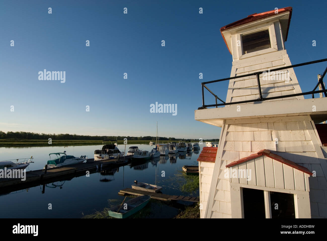St John River at Gagetown New Brunswick Canada marina with lighthouse ...