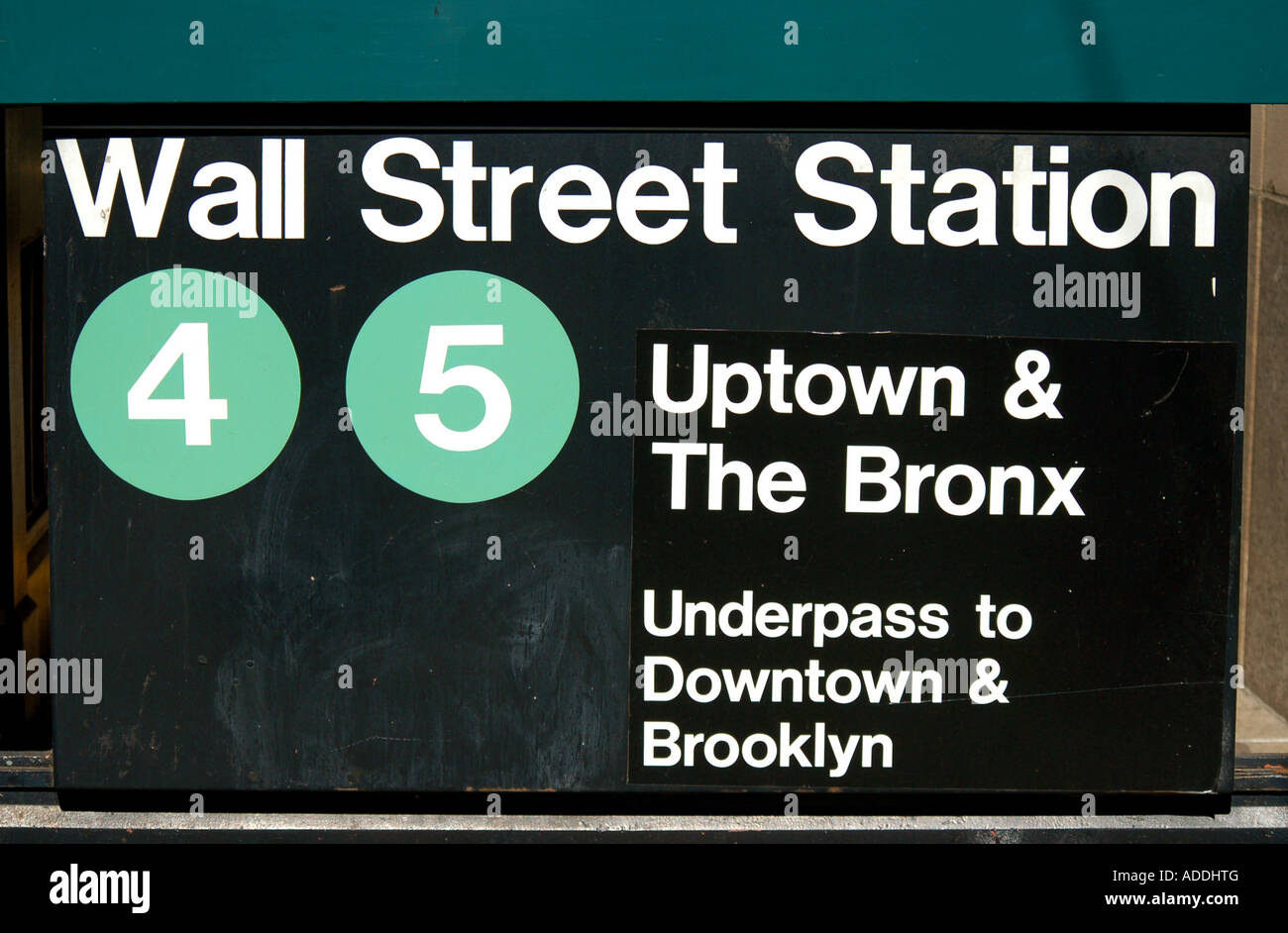 New York City subway sign at Wall Street, showing Uptown and Bronx ...