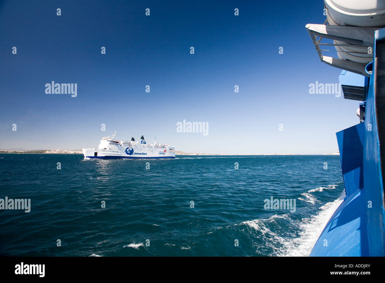 A Moroccan ferry view from a Spanish one on strait of Gibraltar Stock ...