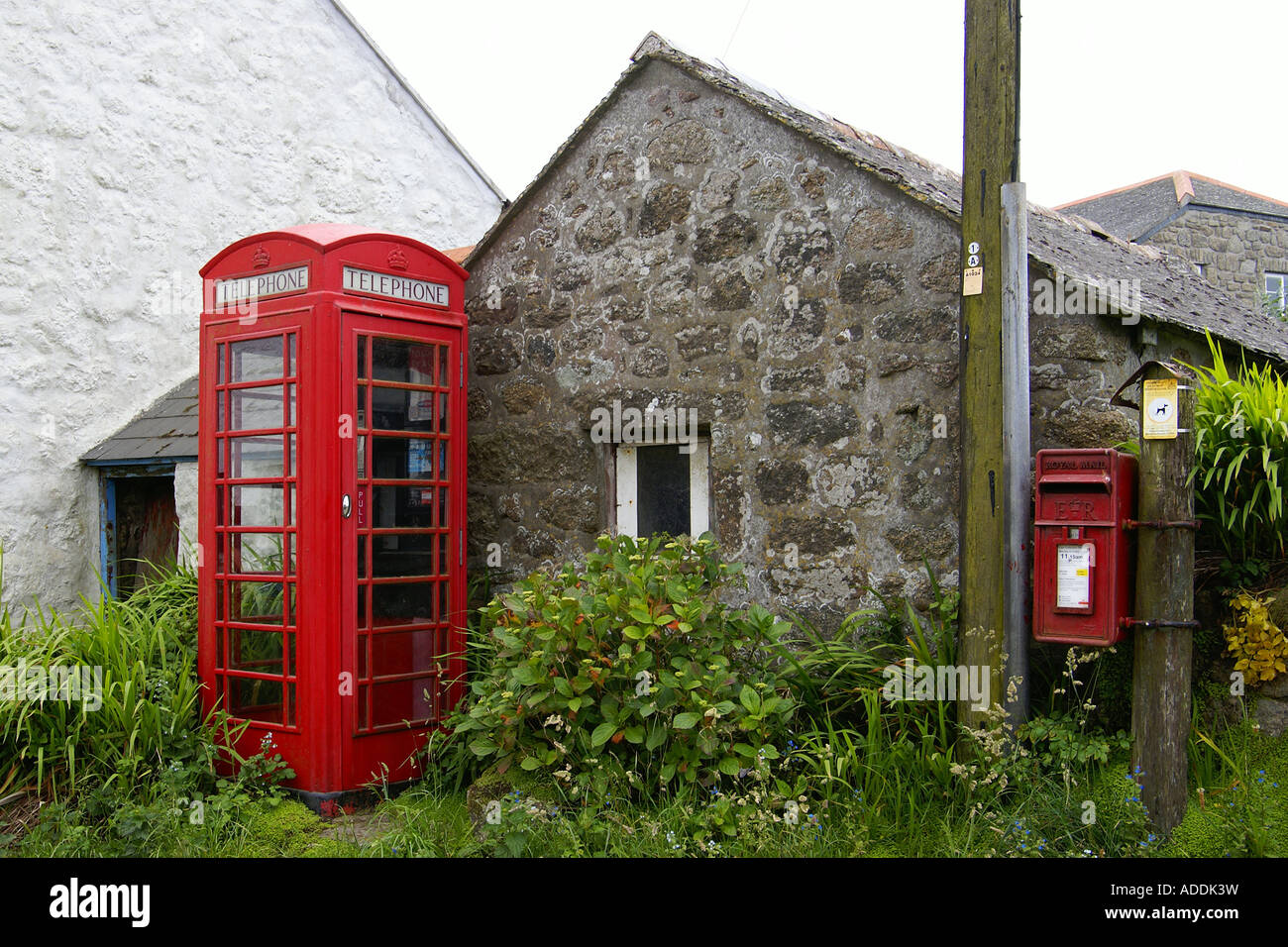 post and telephone boxes treen cornwall Stock Photo - Alamy