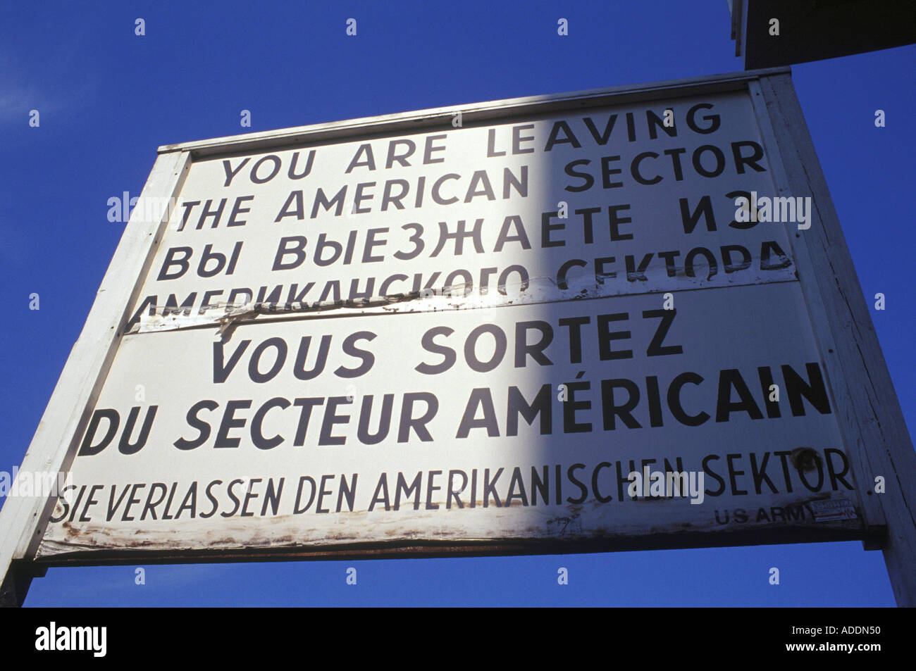 Old sign at the former Checkpoint Charlie in Berlin Germany Stock Photo ...