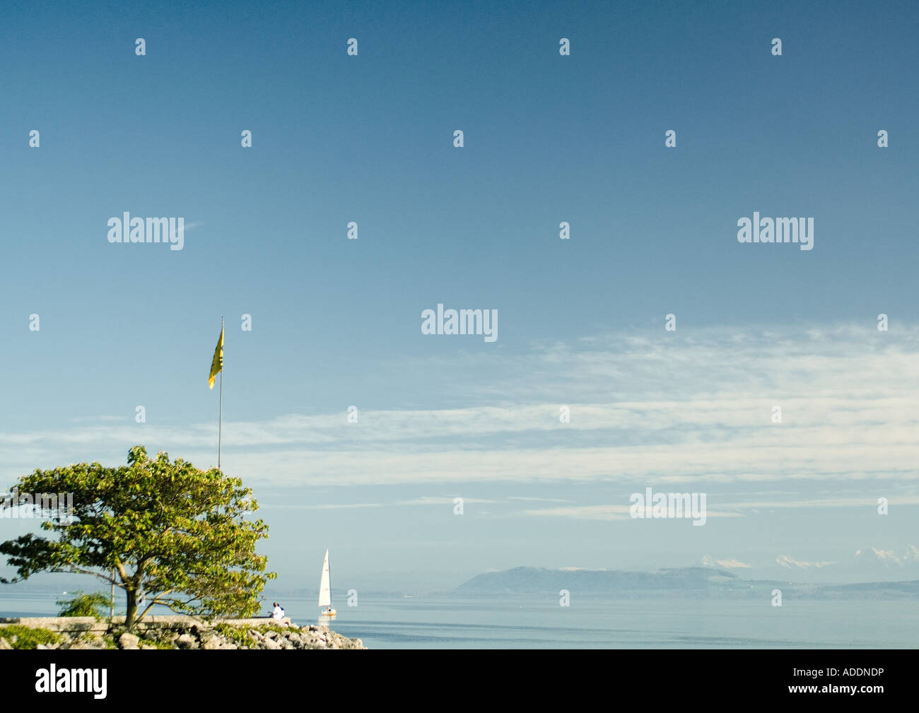 Landscape with lake and lookout in foreground Stock Photo - Alamy