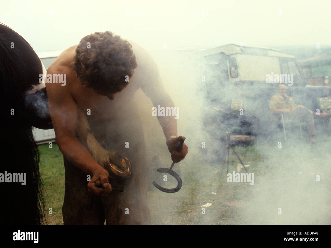 Blacksmith shoeing a horse gypsy fair Appleby in Westmorland Cumbria ...