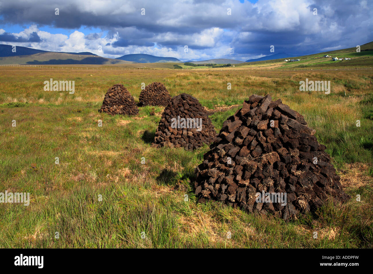 Hand cut turf stacked for drying, Ballycroy, County Mayo, Ireland Stock ...