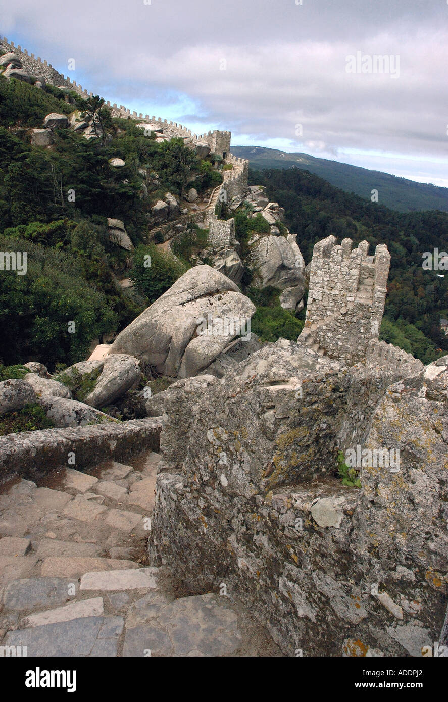 Panoramic view of the medieval Moorish walls Castle Castelo do Mouros ...
