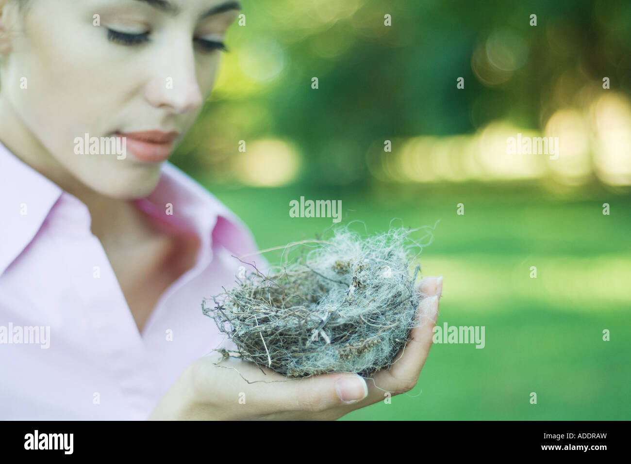 Woman holding bird's nest in palm of hand Stock Photo - Alamy