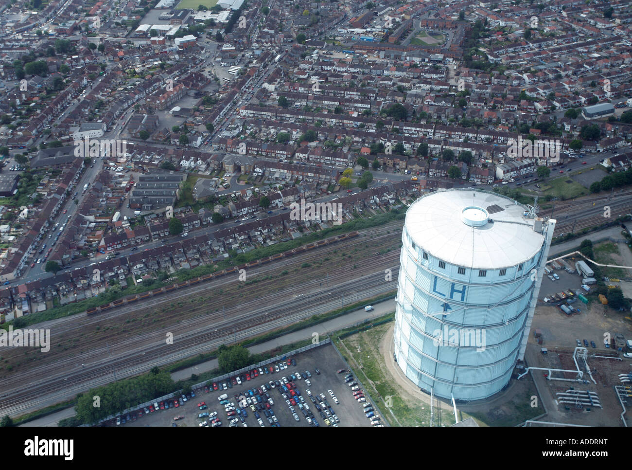 Aerial view of blue Gas storage tower in Southall. West London Stock ...