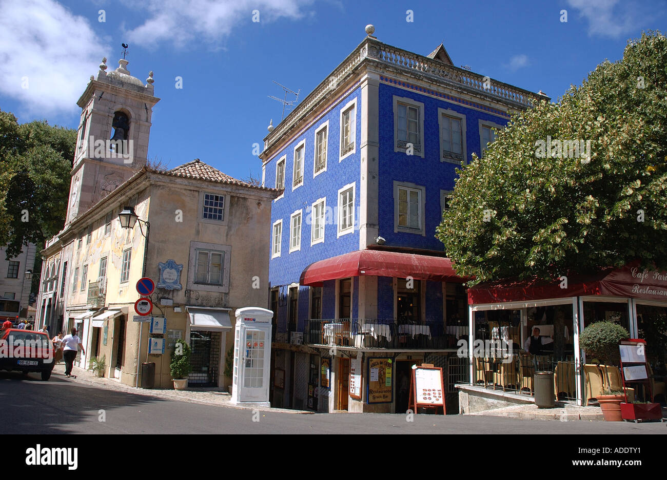 View of colourful main square & church belfry tower in Sintra Lisbon ...