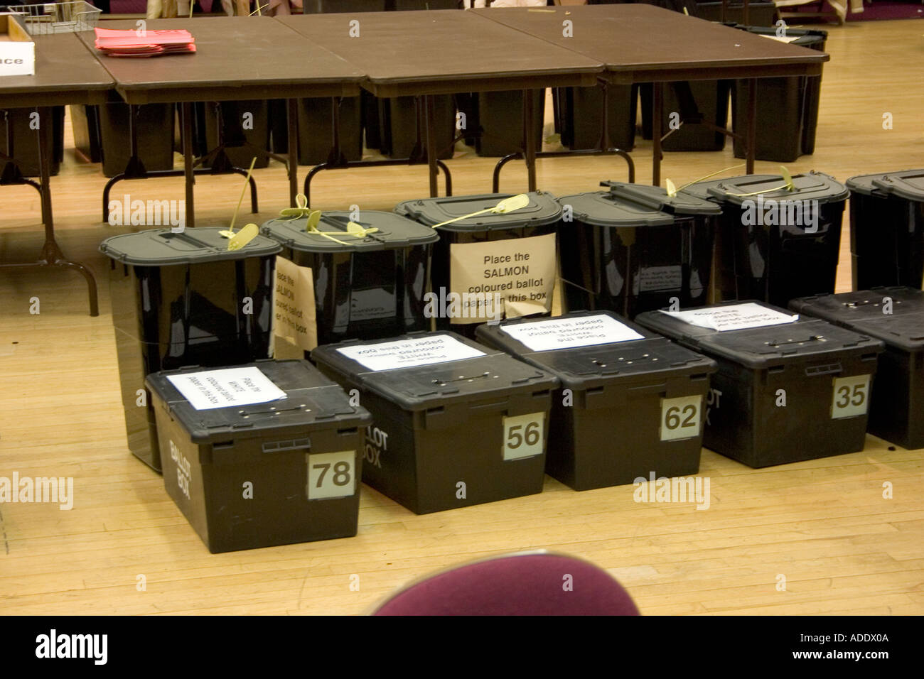Ballot boxes at the Eddisbury constituency during the count at the ...