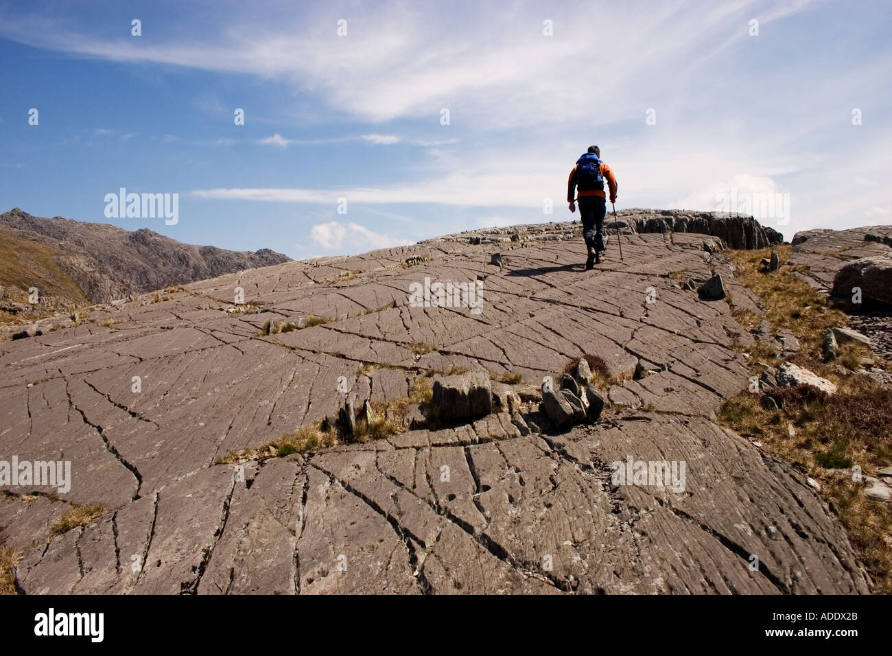 Hillwalker on mountainside in Snowdonia Rock shows striae or striation ...