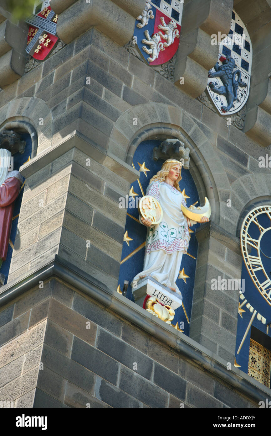 Cardiff castle clock tower with decorative carving and sculpture Stock ...