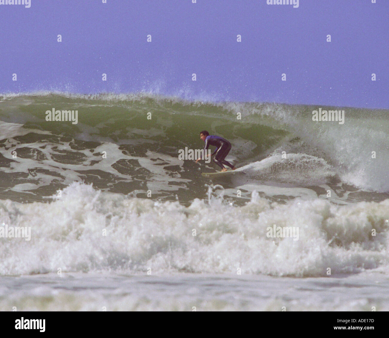 Surfer crouching down for speed as he flies at speed along the wall of ...